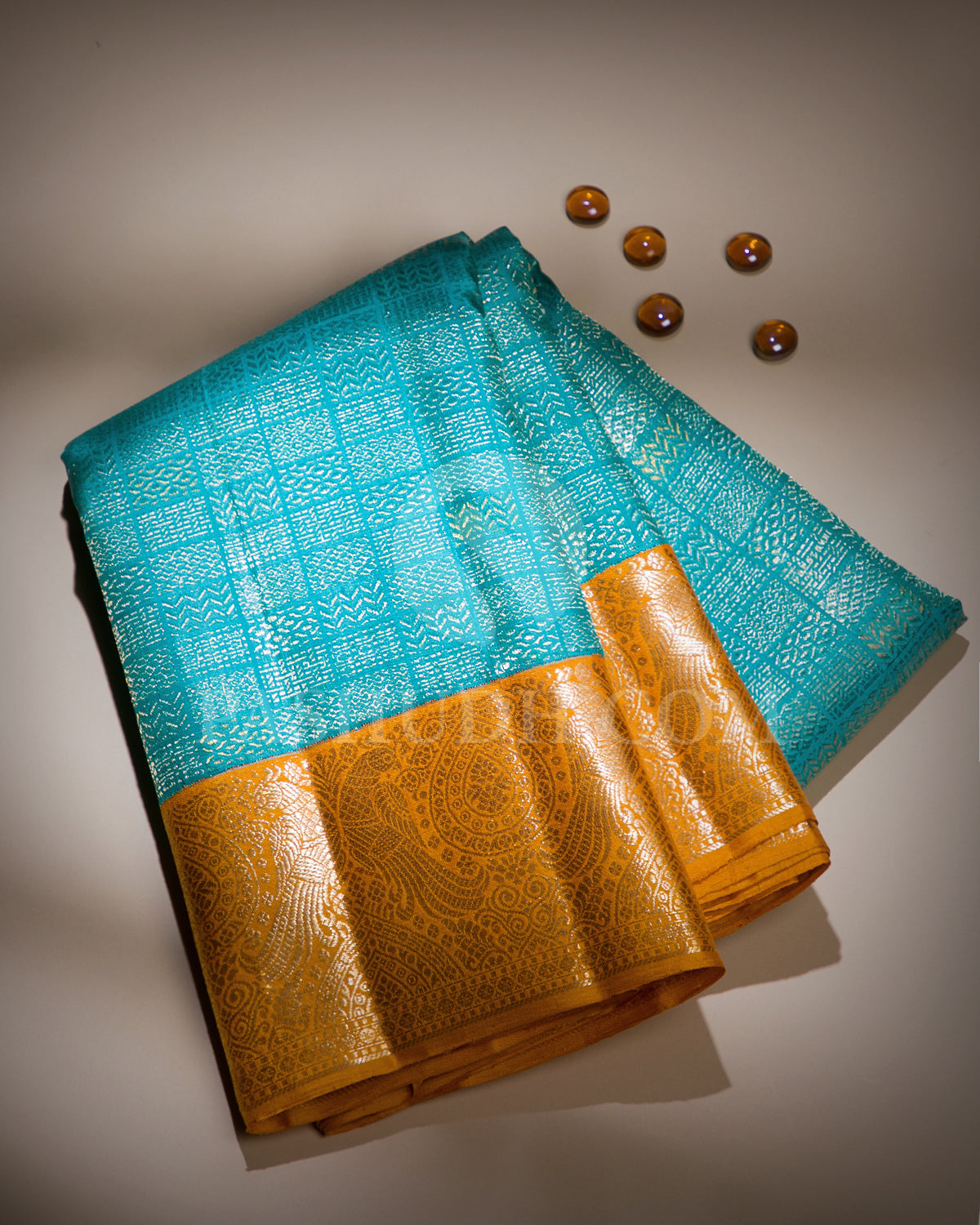 Sea Blue and Orange Kanjivaram Silk Saree - S387 – Pashudh Sarees