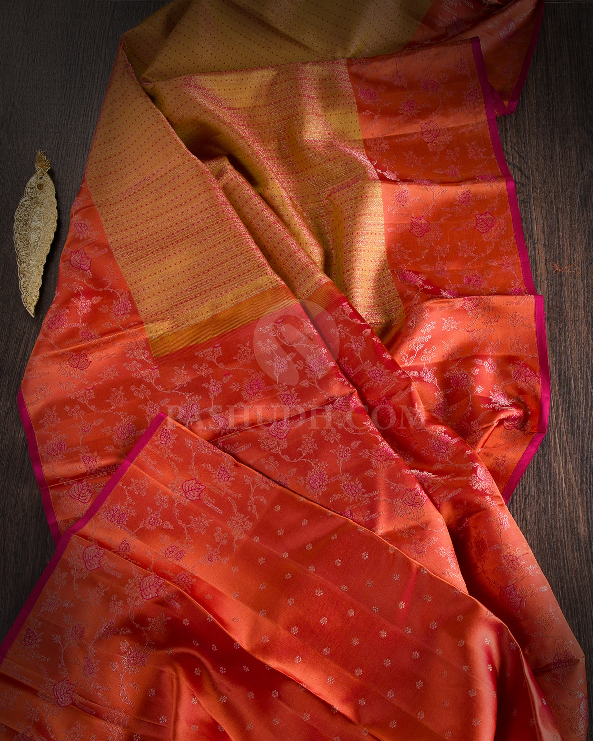 Golden Yellow and Rust Orange kanjivaram Silk Saree - DJ280 (C ...