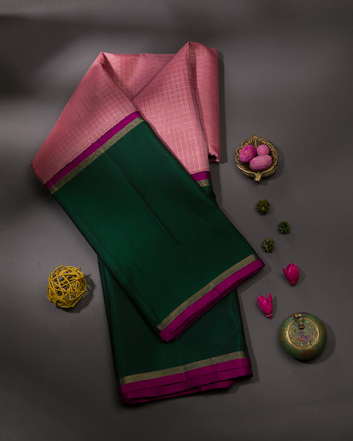 Baby Pink and Bottle Green Traditional Design Kanjivaram Silk sari ...