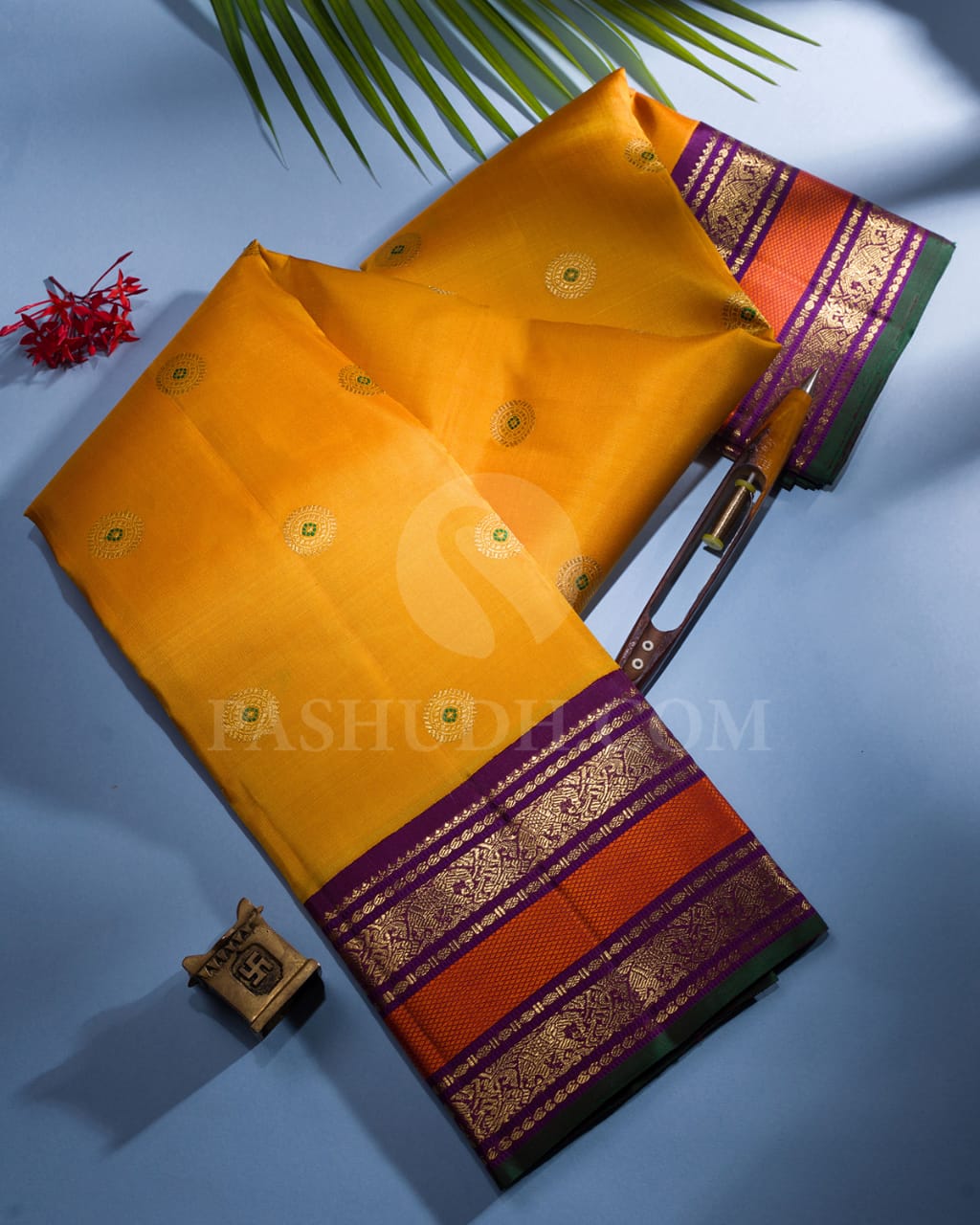 Mango Yellow & Violet Kanjivaram Silk Saree-A6 – Pashudh Sarees