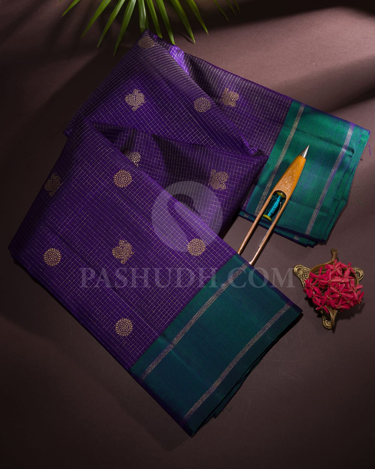Royal Purple/Indigo With Teal Green Pure Zari Kanjivaram Silk Saree-SP ...