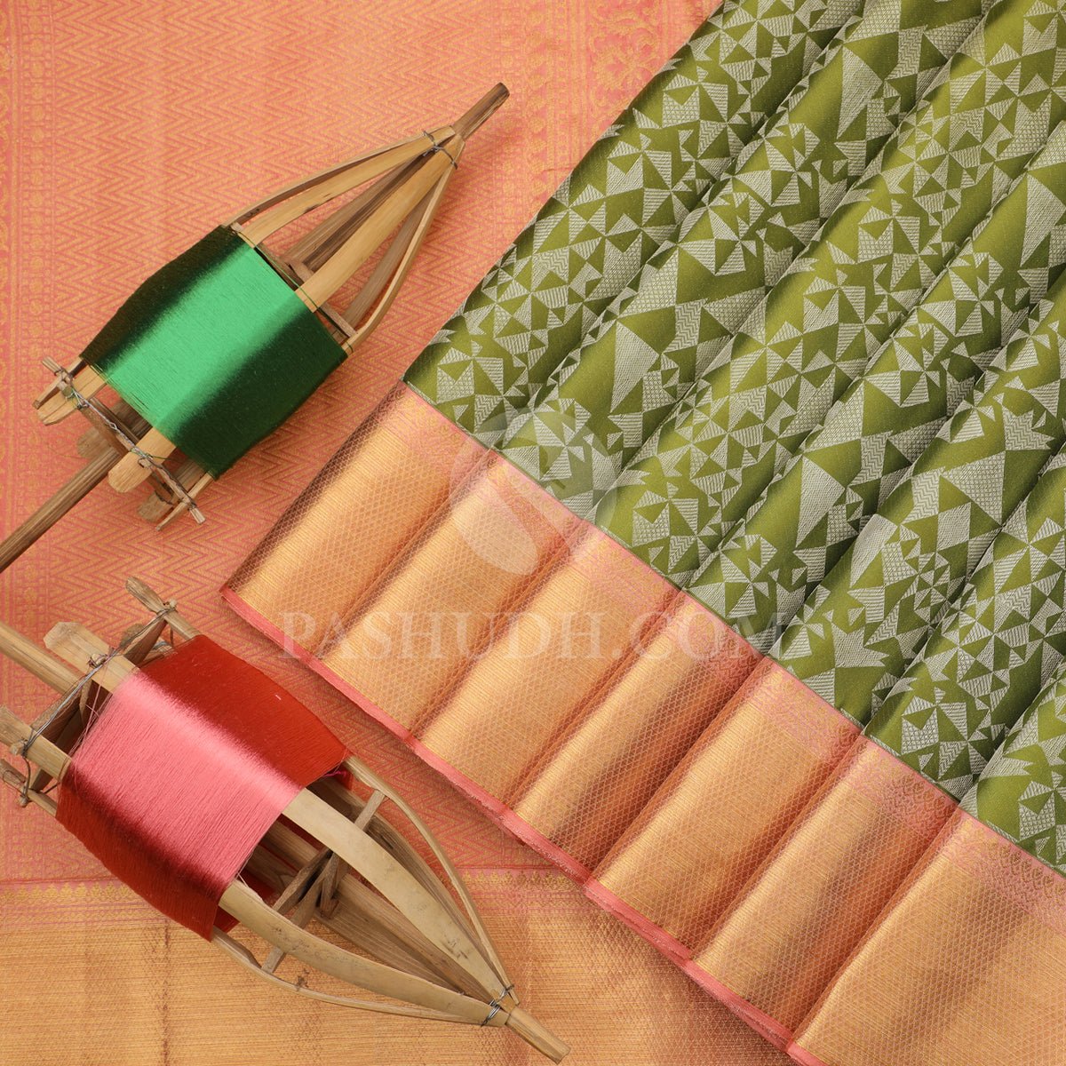 Pear Green Silk Saree with Origami Patterns *203800 – Pashudh Sarees