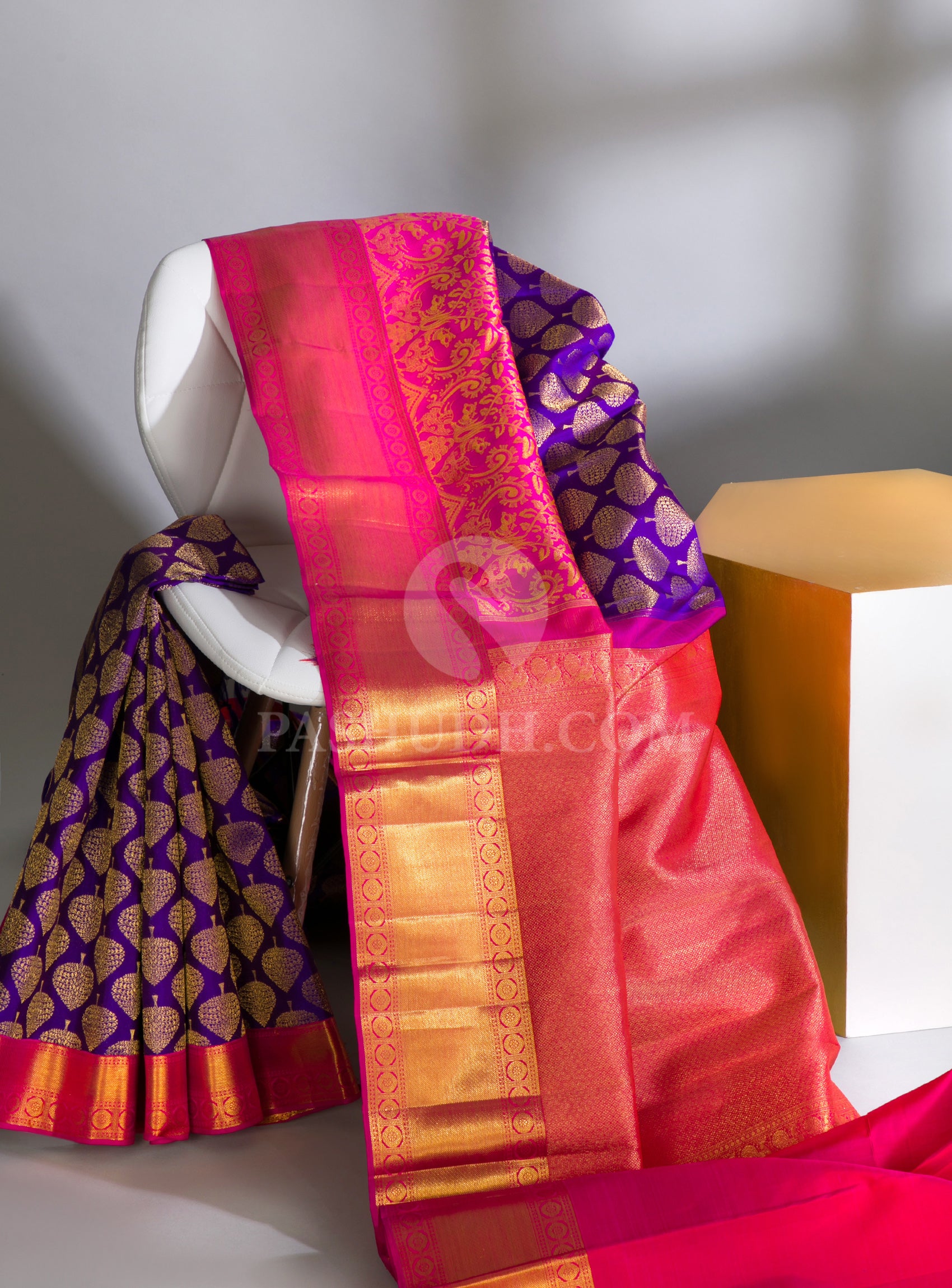 Royal Blue - Rani Pink Pure Kanjivaram Silk Saree with Gold Zari Tree ...