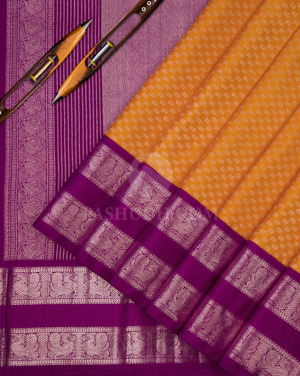 Orange and Violet Kanjivaram Silk Saree - S642 – Pashudh Sarees
