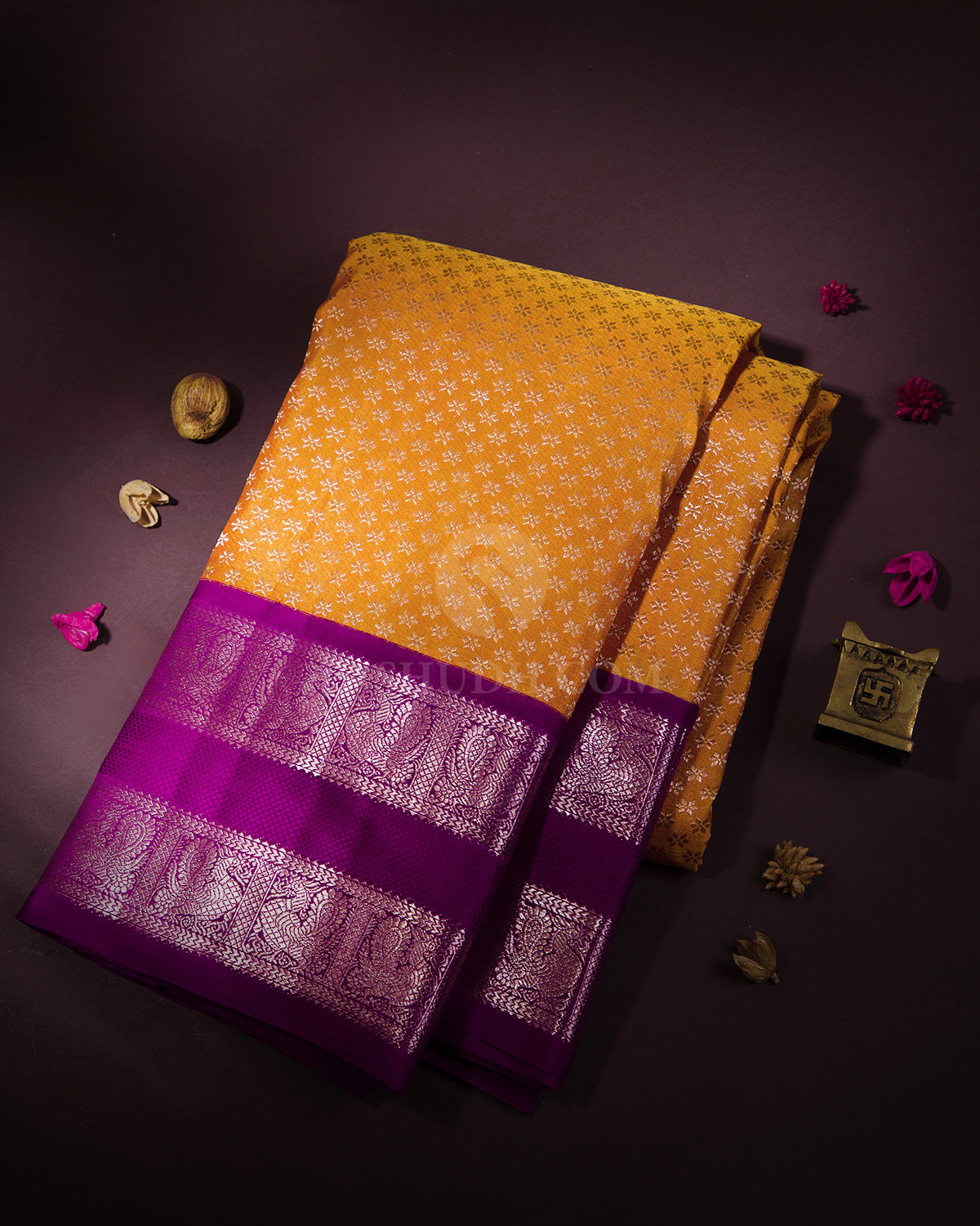 Orange and Violet Kanjivaram Silk Saree - S642 – Pashudh Sarees