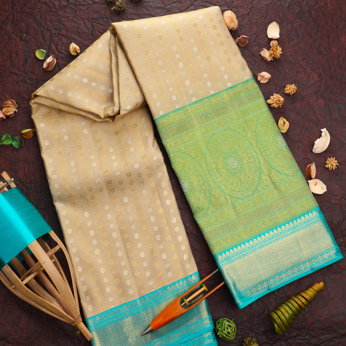 Ivory - Parrot Green Bridal Pure Kanjivaram Silk Saree *S20665